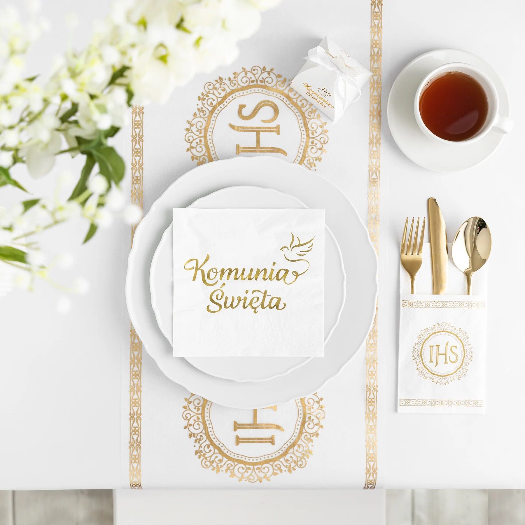 Decorative table runner, communion - IHS, gold, 5 meters